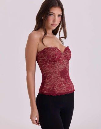 House of CB Yara - Tr&auml;gerloses Korsett-Oberteil aus Spitze in Weinrot
