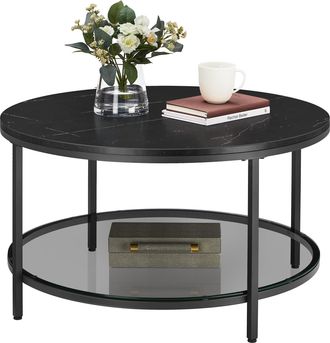 Vasagle Couchtisch, Wohnzimmertisch, Sofatisch, für Wohnzimmer, mit Glasplatte, viel Stauraum, einfacher Aufbau, moderner Stil, marmorschwarz-tintenschwarz LC