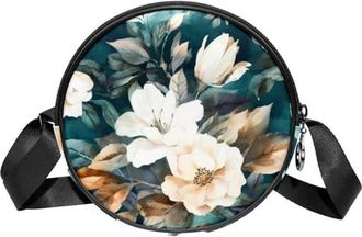 Generic Petit sac &agrave; bandouli&egrave;re circulaire pour femme, motif feuilles florales, sac &agrave; dos avec fermeture &eacute;clair, bretelles r&eacute;glables, sac &agrave; main rond d&eacute;contra