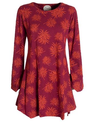 vishes Alternative Bekleidung - Langarm Damen Blumen-Tunika Shirt-Kleid Glocken&auml;rmel Baumwolle dunkelrot 36-38