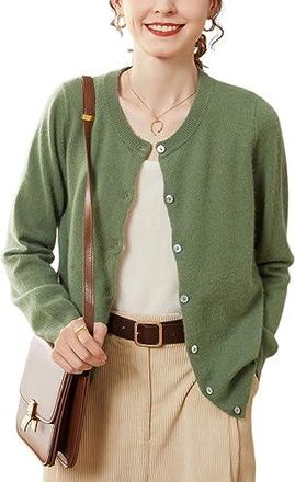 Dissa Valin Gilet Cachemire 95% Femme Col Rond Vert Solide Couleur Tricot&eacute; en Vrac Manches Longues Fin Cardigan en Cachemire et Laine,44,SPR1201