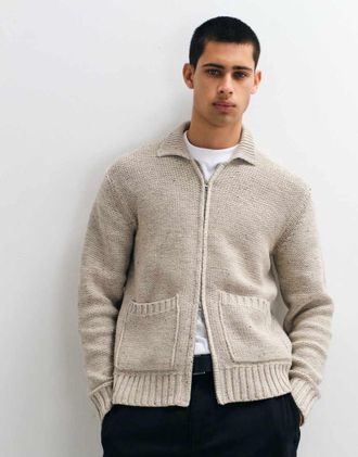 Only & Sons cardigan en maille coupe relaxed &agrave; double zip, cr&egrave;me-Blanc