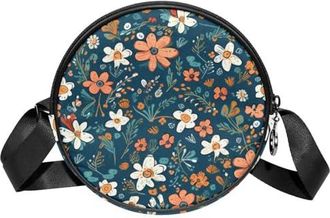Generic Sac &agrave; bandouli&egrave;re rond pour femme, motif fleurs et feuilles, sac &agrave; dos avec fermeture &eacute;clair, bretelles r&eacute;glables, sac &agrave; main rond d&eacute;contract&eacute; pour fe