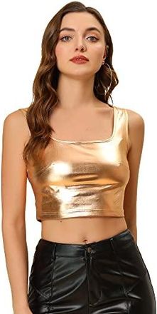 Allegra K Haut Court métallisé pour Femme, débardeur de fête sans Manches, Brillant, Haut à Ventre Nu Or Rose XS