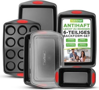 Nutrichef NutriChef 6-teiliges Antihaft-Backset - Premium Kohlenstoffstahl-B&auml;ckutensilien mit Silikongriffen - Inklusive 2 Backformen, 12 Muffinf&ouml;rmchen, Kasten