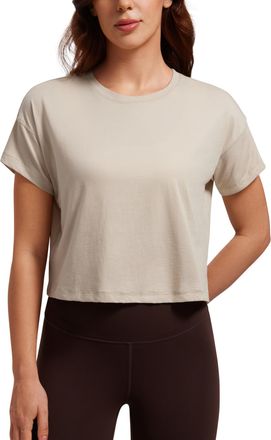 CRZ YOGA Damen Kurzarm Sport Tshirt Loose Baumwolle Fitness Crop Top Sommer Gym Workout Cropped Oberteile Mojave-Braun 40