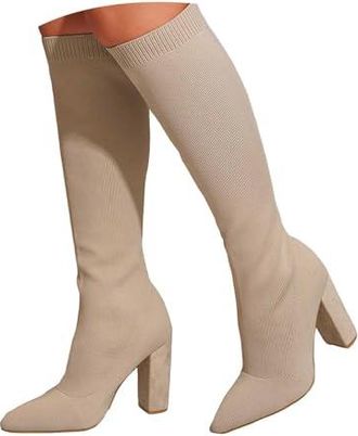 Generic Bottes hautes dhiver 2025 pour femme - Style décontracté - Couleur unie - Talon épais - Bout pointu - Longues bottes à enfiler - Légères et extensible