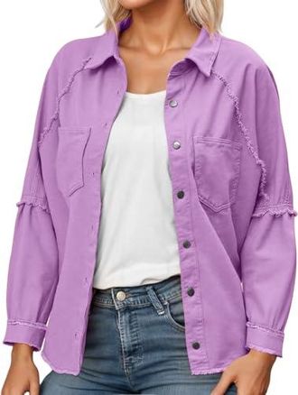 Generic Vestes pour femmes 2026 veste en jean surdimensionn&eacute;e chemises d&eacute;contract&eacute;es &agrave; manches longues Distresse Jean 2025 Tenues de printemps, violet, XL