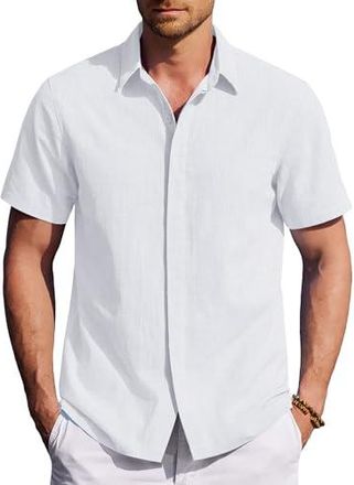 Coofandy Chemise Homme Manches Courtes Coton &Eacute;t&eacute; Chemise Casual Homme Plage Vacances Confort Respirante avec Boutons Cach&eacute;s Blanc M