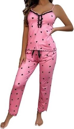 Generic Pyjama d&eacute;t&eacute; 2 pi&egrave;ces avec bordure en dentelle et col en V pour femme, rose, XL