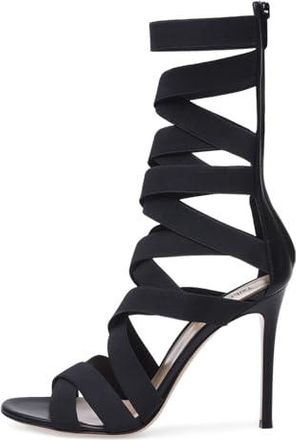 Generic Sandales &agrave; Talons Aiguilles Noires avec Bride &eacute;lastique,Sandales &agrave; Talons Hauts Style Gladiateur Romain &agrave; Bout Ouvert et Arrondi,Chaussures de Soir&eacute;e 