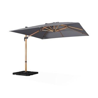 Sweeek Parasol déporté carré gris 3x3m structure effet bois + Lot de 4 dalles à lester 50x50cm