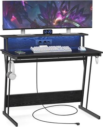 Vasagle Bureau Gaming avec LED et Multiprise, Table Gamer, Bureau Informatique avec Rehausseur d&Eacute;cran, pour 2 Ordinateurs, pour Chambre, 60 x 100 x 76 cm, Noi