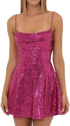 Generic Robes de soir&eacute;e &agrave; paillettes scintillantes pour adolescentes, courtes et serr&eacute;es en dentelle &agrave; bretelles spaghetti pour femmes et, rose vif, XL