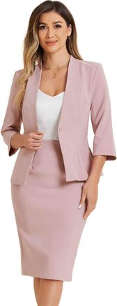 Allegra K Damen Business Rock Anzug Set 2-Teiliges B&uuml;ro Arbeits Outfit Kragenloser Blazer Bleistiftrock Rosa XS