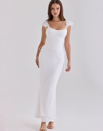 House of CB Viana wei&szlig;es Georgette-Maxikleid mit Flatter&auml;rmeln
