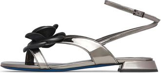 Loriblu Femme, Chaussures, Gris, Taille: 36 EU Sandale Plate en Cuir Verni avec Fleur