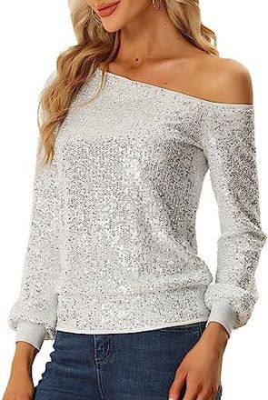 Allegra K Chemisier à Paillettes Femme Blouse à Sequin à Épaules Dénudées à Manches Longues Top Brillant de Club Haut Scintillant de Soirée Argent L
