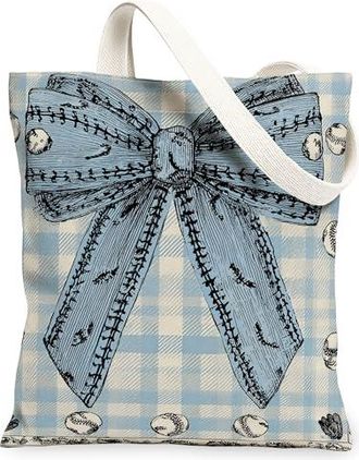 Generic Sacs fourre-tout en toile &agrave; carreaux bleus, motif noeud &eacute;l&eacute;gant, sacs d&eacute;picerie, sacs d&eacute;picerie r&eacute;utilisables, l&eacute;gers et lavables, bleu, 13x15 Inch