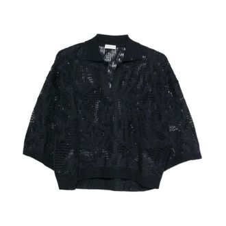 Brunello Cucinelli Femme, Pulls, Bleu, Taille: 38 FR Pull en maille ajour&eacute;e &agrave; col en V