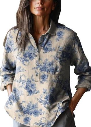 Generico Chemise Femme &Eacute;l&eacute;gant &agrave; Manches Longues Chemises en Lin Coton Curvy Grande Taille T Shirt Col en V Doux Blouse Vintage Imprim&eacute; avec Boutons Classique 