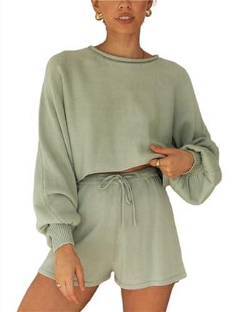 Generic Tenue 2 pi&egrave;ces en tricot pour femme, coupe d&eacute;contract&eacute;e, haut &agrave; col rond et short avec cordon de serrage &agrave; la taille, camel, taille S, pour un usage q