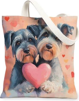 Generic Sac fourre-tout en toile motif chien Schnauzer 33 x 38,1 cm, sac d&eacute;picerie r&eacute;utilisable pour la Saint-Valentin, motif coeur mignon pour femme, animal 