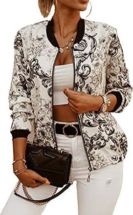 ORANDESIGNE Femme Veste Motard Blouson Court Zippe a Motifs des Fleurs Fashion Fleuri Blouson Veste Moto Veste Chic Manches Longues Blanc XL