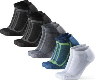 Danish Endurance Kurze Laufsocken, 3 & 5 Paar Sommer Sportsocken, Schwei&szlig;ableitend, Unisex, f&uuml;r Damen & Herren, Mehrfarbig (2xSchwarz,1xBlau/Gelb,1xGrau,1xWei&szlig;), 43-47