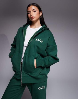 KAIIA Sweat &agrave; capuche densemble en coton majoritaire &agrave; fermeture &eacute;clair et broderie logo - Vert for&ecirc;t