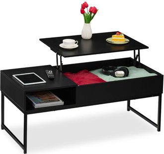 Relaxdays Couchtisch aufklappbar, hbt 45x110x50 cm, Seitenfach, Wohnzimmertisch m. Stauraum, Holzoptik & Metall, schwarz - Relaxdays