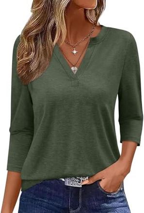 Onsoyours Tee Shirt Femme Manches 3/4 Col en V T-Shirt Ete Décontracté Haut Basic Top A Vert Armée XL