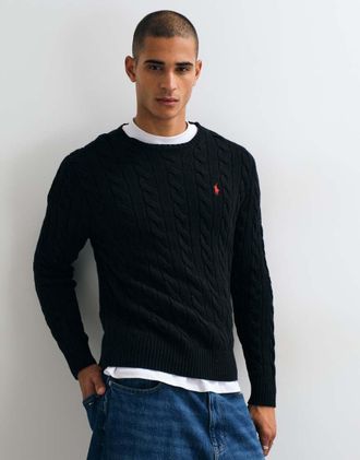 Polo Ralph Lauren Sweatshirt aus Baumwolle mit Zopfmuster und Icon-Logo in Schwarz