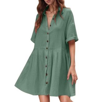 Generic Robe nuisette &agrave; manches courtes pour femme - Robe d&eacute;t&eacute; boutonn&eacute;e avec poches - Robe d&eacute;t&eacute; boh&egrave;me pour la plage, les vacances - Essentiels de vacances p