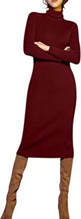 Minetom Longue Robe Femme Col Roulé Pull Automne Hiver Manche Longue Moulante Tricot Élégante Midi A Bordeaux XL
