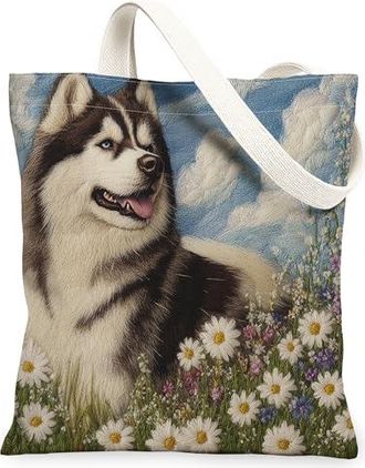 Generic Sac fourre-tout en toile motif chien malamutes de printemps de lAlaska 33 x 38,1 cm, sac d&eacute;picerie r&eacute;utilisable pour femme, sac d&eacute;picerie r&eacute;utilisable