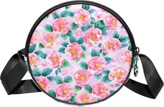 Generic Petit sac &agrave; bandouli&egrave;re circulaire pour femme, motif cam&eacute;lias, sac &agrave; bandouli&egrave;re avec fermeture &eacute;clair, bretelles r&eacute;glables, sac &agrave; main rond d&eacute;contrac