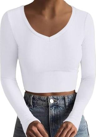 Generic Tee Shirt Femme Col V, Crop Top Femme Sexy-Haut Femme Manche Longue Couleur Uni Loisirs Tunique Pullover Int&eacute;rieur Serr&eacute; Chemise &eacute;lasticit&eacute; Confortabl