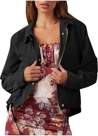 Generic Vestes pour femmes 2026 Veste europ&eacute;enne et dautomne &middot; Manteau l&eacute;ger &agrave; manches longues en velours style moto bouton, Noir, XXL