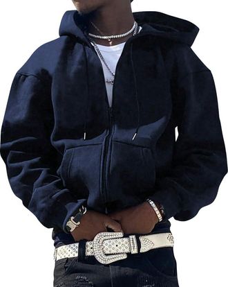 ORANDESIGNE Zip Hoodie Herren Kapuzenpullover Einfarbig Sweatjacke mit Kapuze Langarm Kapuzenjacke mit Taschen A Dunkelblau XXL