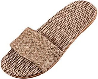 Generic Pantoufles de bain pour femme - Antid&eacute;rapantes - Pour l&eacute;t&eacute; - En lin - Pour lint&eacute;rieur - Bout ouvert - Chaussures de plage plates - Couleur unie - Conf