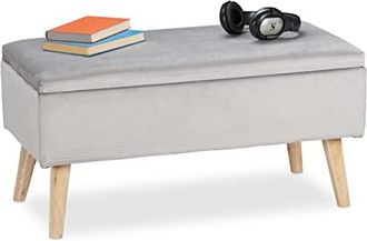 Relaxdays Banc siège, Espace de Rangement, Housse Velours, 40 l, rembourrée, Pieds en Bois, entrée,41x80x40c, Gris Clair