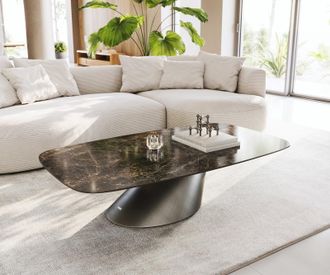 DELIFE Couchtisch Edge Boot 140x80 cm Keramik Emperador Extra Lucidato Dunkelbraun Conis Metallic Silber, Couchtische