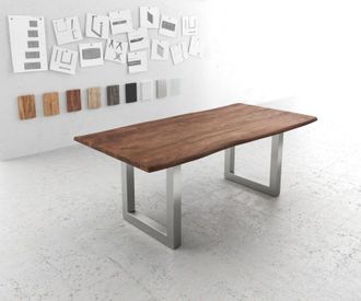 DELIFE Esstisch Edge 200x100 Akazie Braun Edelstahl Breit Live-Edge, Esstische, Baumkantenm&ouml;bel, Massivholzm&ouml;bel, Massivholz