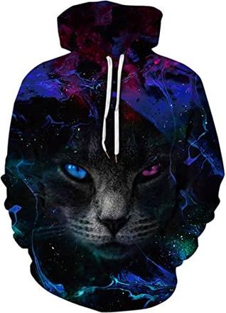 Ocean Plus Homme Thème de Noël Sweat à Capuche à Imprimé Numérique avec Poche Kangourou et Pull à Capuche (3XL (Poitrine: 132-152CM), Chat aux Yeux Bleus et Viol