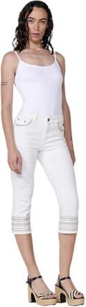 Kor&ouml;shi Pantalon en jean Capri &eacute;lastique Push up taille moyenne et cinq poches avec fermeture &eacute;clair et bouton m&eacute;tallique et bas desilac&eacute; avec broderie bord&eacute;e