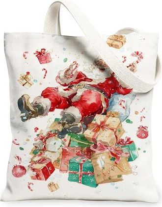 Generic Sacs fourre-tout en toile de vacances, motif P&egrave;re No&euml;l, sacs de courses r&eacute;utilisables, l&eacute;gers et lavables, Blanc, 13x15 Inch