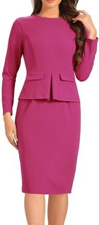 Allegra K Robe Crayon Moulante pour Femme col Rond Manches 3/4 Peplum Porter au Travail Robe Fourreau de Bureau Costume dhalloween Rose Vif L