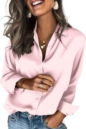 Generic Chemisier en Satin pour Femme - Manches Longues - Chic et Élégant - Col en V - Couleur Unie Chemise Shirts Tops Cadeau Maman,Rose,S,f45r