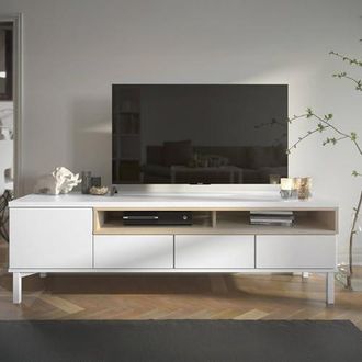 Dmora Fernsehschrank Margaux, St&auml;nder f&uuml;r Wohnzimmerfernseher, Niedriges Wohnzimmer-Sideboard, TV-St&auml;nderbasis, 156x48 h48 cm, Wei&szlig; und Eiche